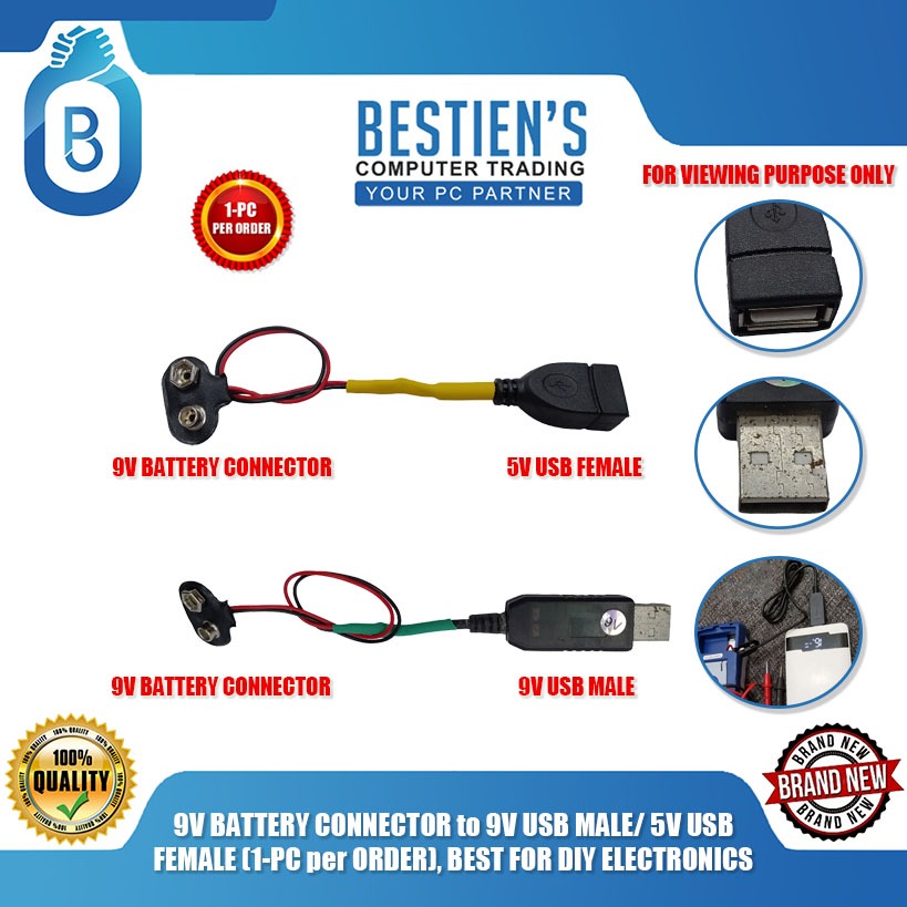 9V BATTERY CONNECTOR to 9V USB MALE/ 5V USB FEMALE (1-PC per ORDER ...