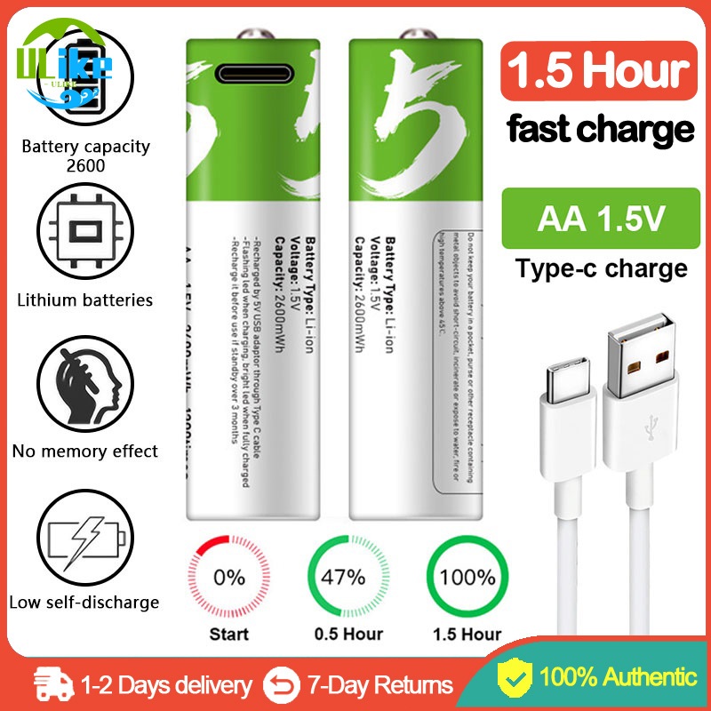 USB Rechargeable Battery 1.5V Li-Ion AA/AAA Type-C Lithum-Ion Battery ...