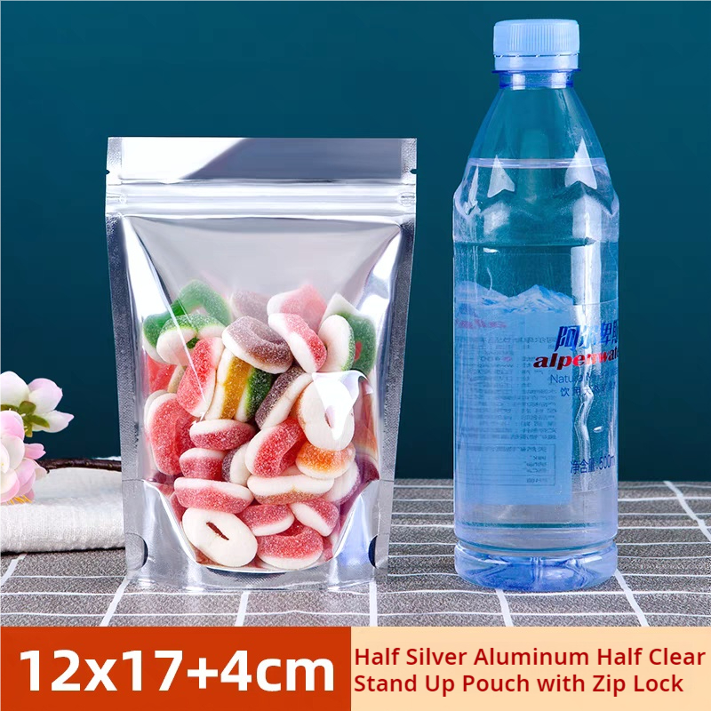 50-100 pcs Half Silver Aluminum Half Clear Stand Up Pouch with Zip Lock Packaging Ziplock ...