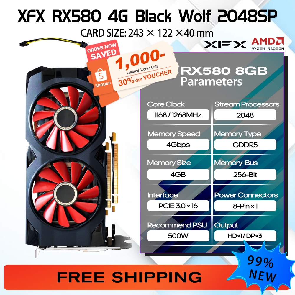 Original[Used 99%NEW]XFX RX580 4G Black Wolf 2048SP GDDR5 256BIT ...