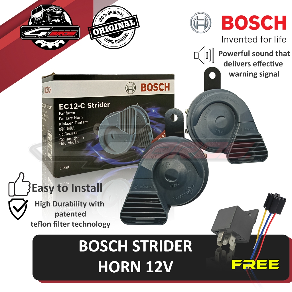 Bosch Strider Horn EC12-C Fanfare Horn 12v SET w/ Free Relay and Socket for Car and Motorcycle ...