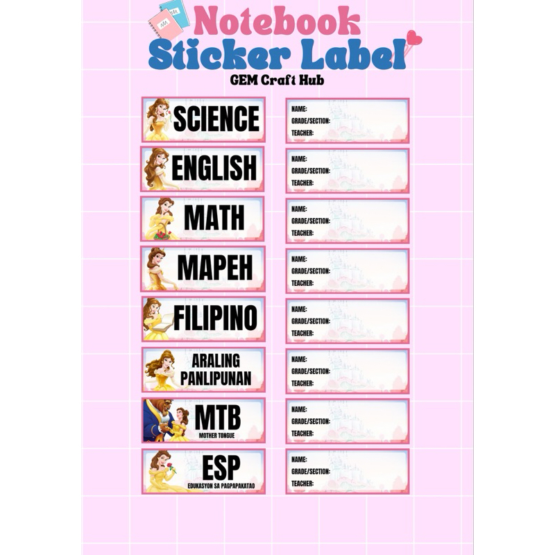 GEM Notebook Subject and Name Sticker Label GRADE 1 TO 6 | Shopee ...