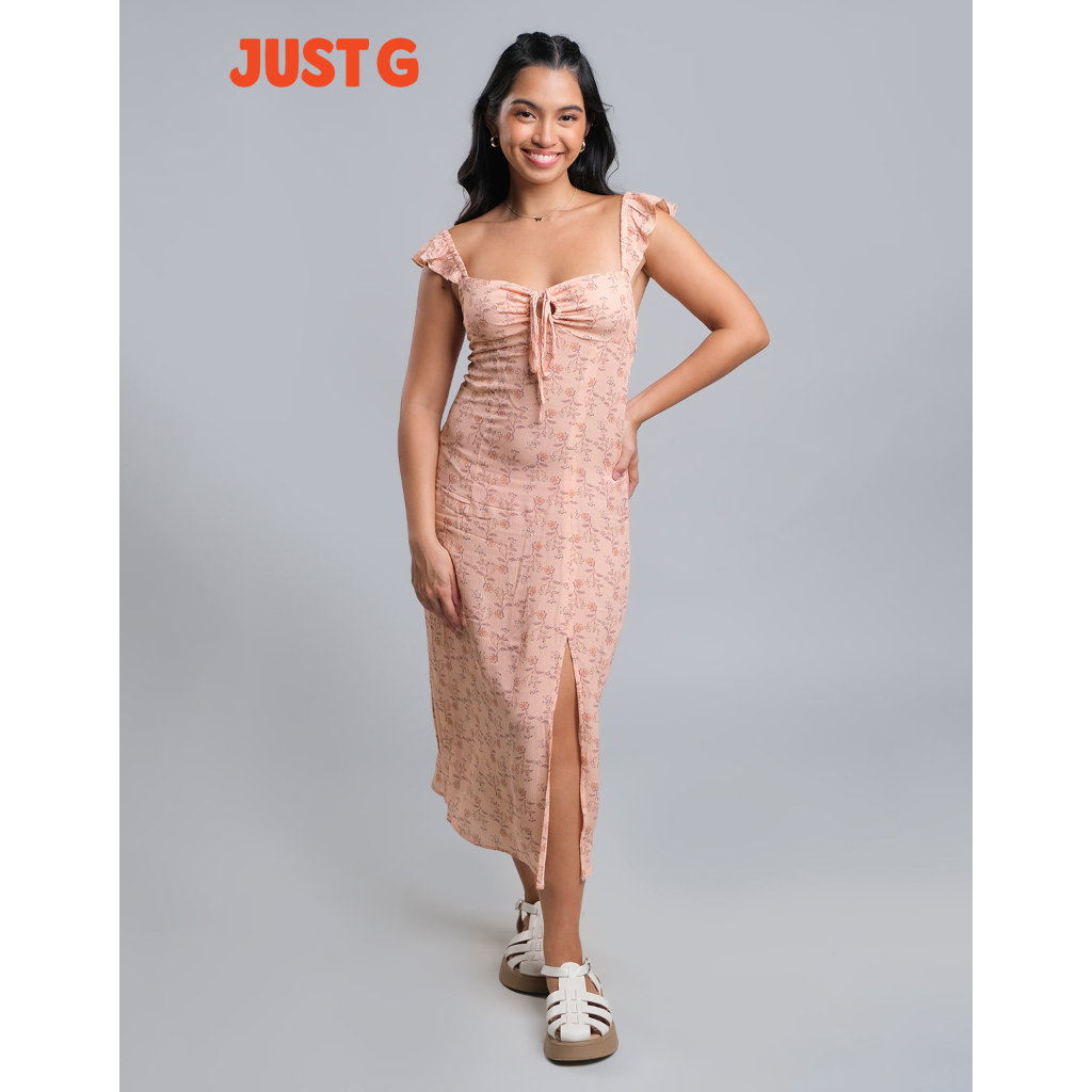 Just G Floral Ruffle Sleeve Midi Dress With Ties And Slit | Shopee ...