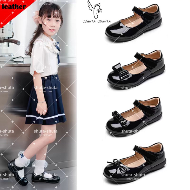 Fashion black leather shoes for girls School shoe leather glossy bow ...