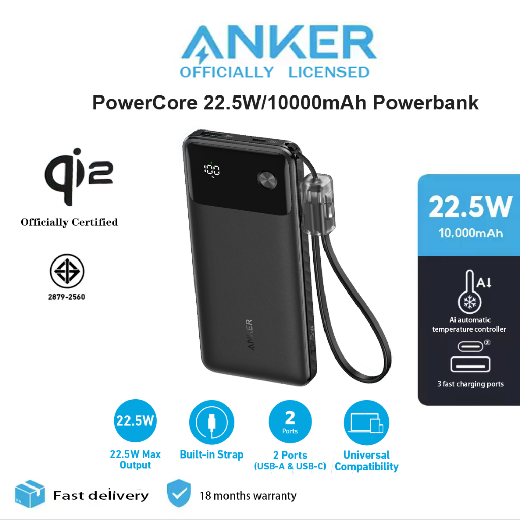 Anker Powercore 10000mAh 22.5W PortableCharger High-Speed ChargingPower Bank with Built-in USB-C ...