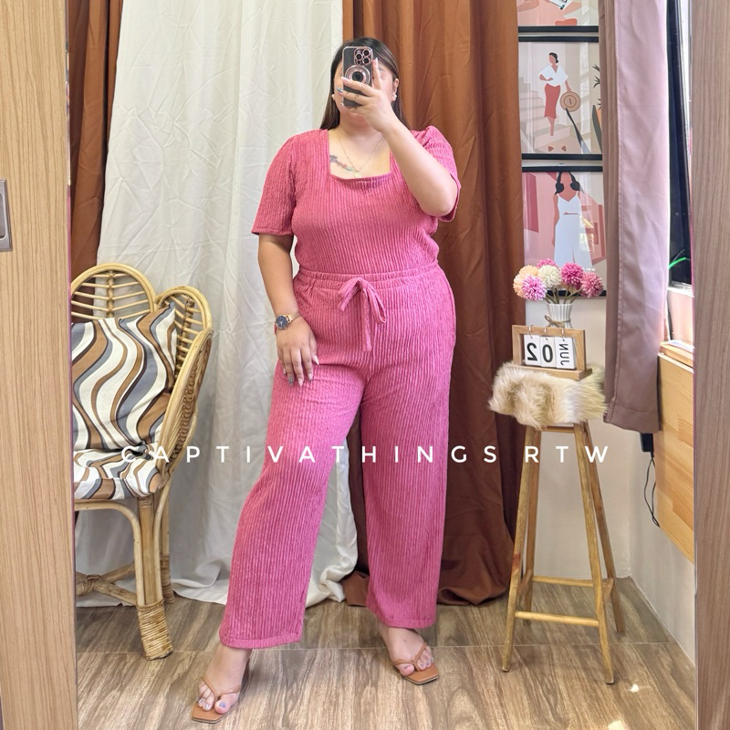 PLUS SIZE XL-3XL Jean Coords Bark Crepe Top Pants Basic Terno Square ...