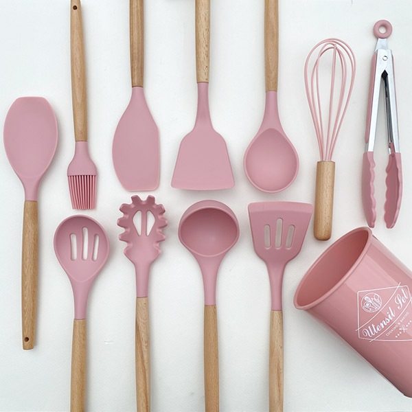 silicone kitchen utensils heat-resistant set nonstick wooden handle ...