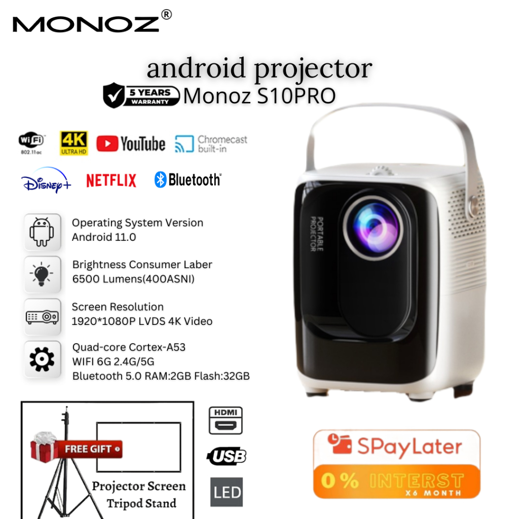 Projector S10 Portable Smart Mini 4K UHD LED Projector OS Android WiFi ...