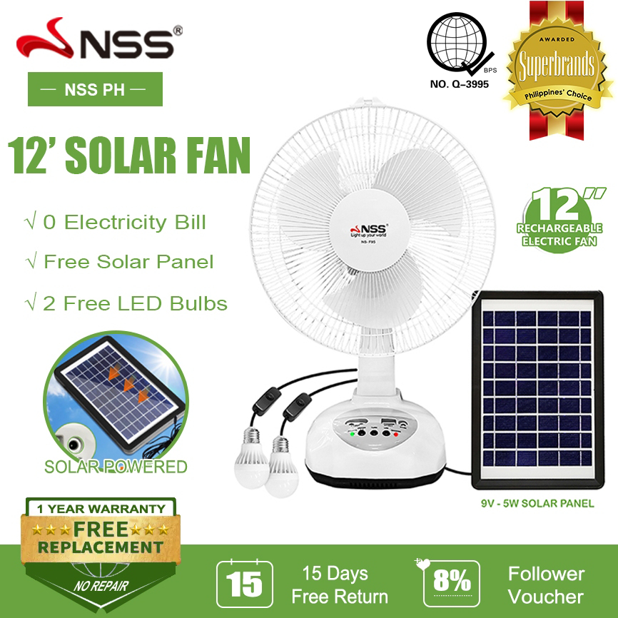 NSS Solar Electric Fan Floor Fan 12" Home Outdoor Portable Fan With ...