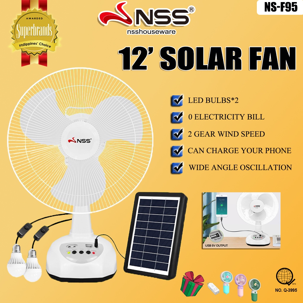 NSS Solar fan with panel Solar Electric Fan Rechargeable fan 12" with ...