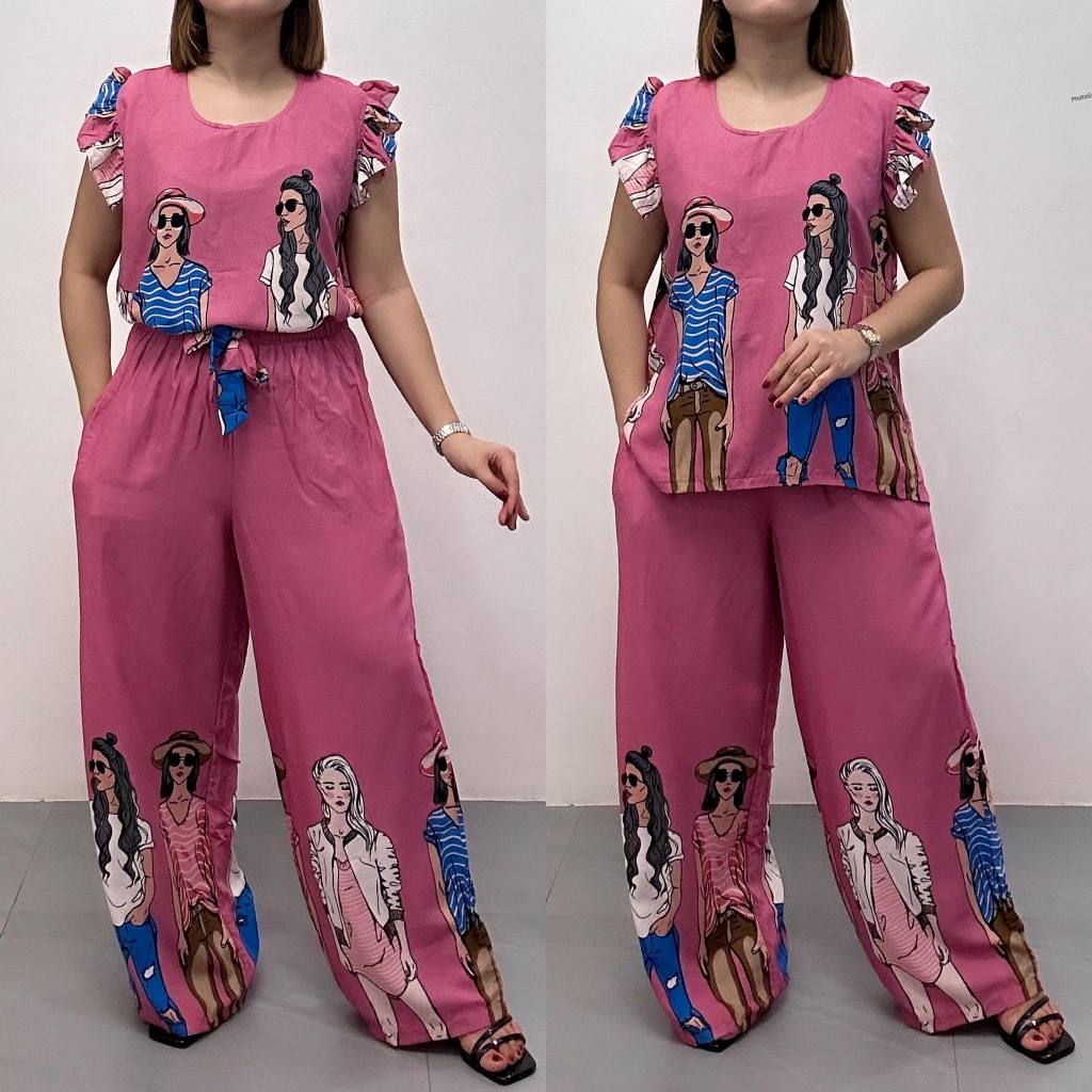 Challis Ruffles Sleeve Top SquarePants Terno | Shopee Philippines