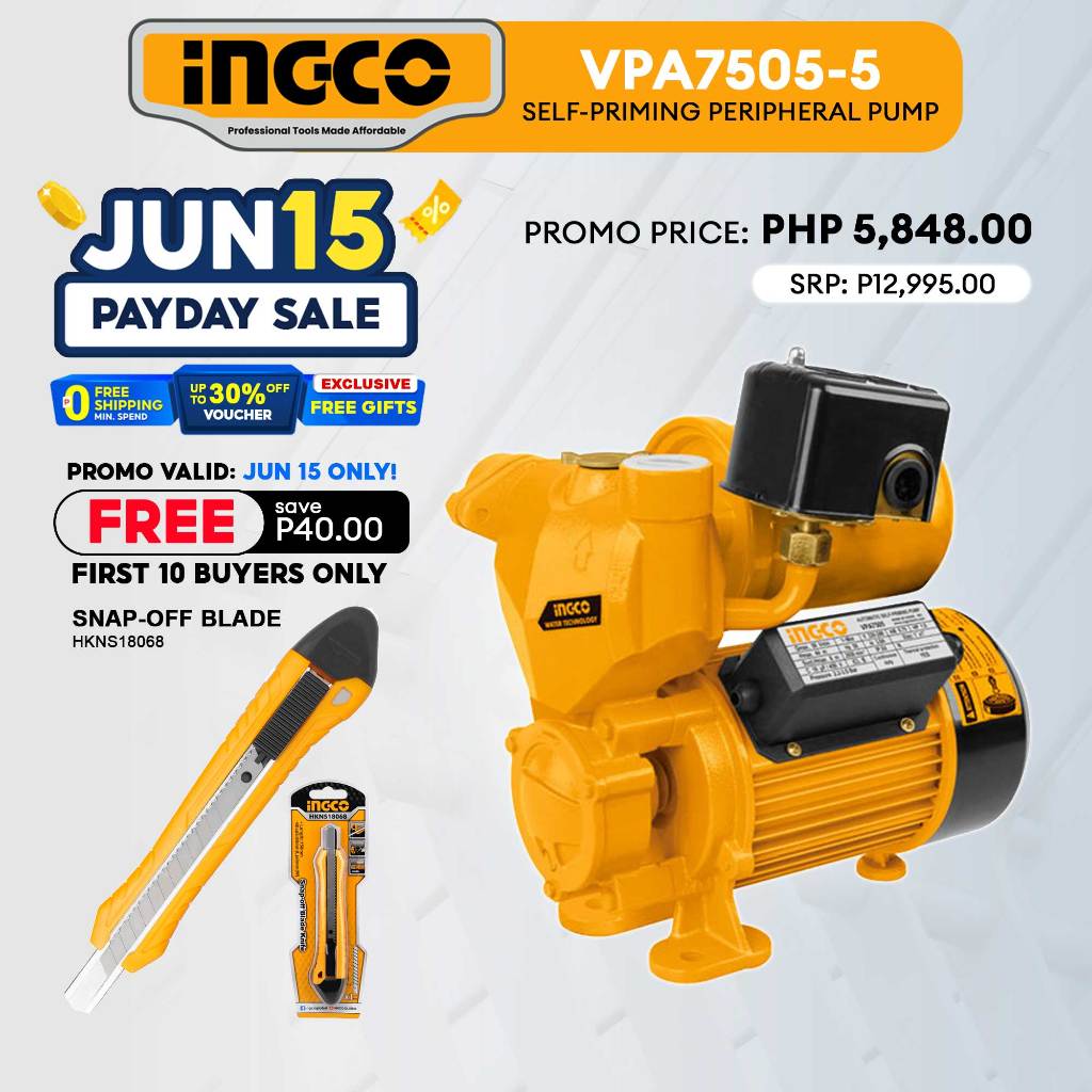 Ingco 750W Self-Priming Peripheral Pump 1HP Copper Wire Motor VPA7505-5 ...