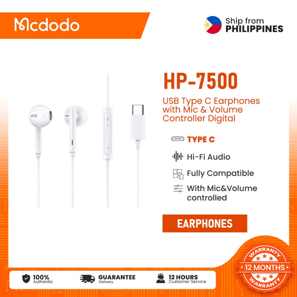 Mcdodo HP-7500 USB Type C Earphones with Mic & Volume Controller ...