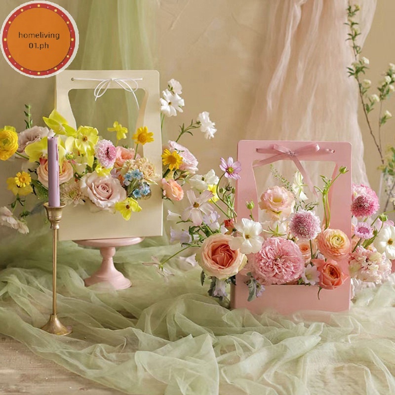 Portable Flower Basket Bouquet Handle Carton 2-Sided WaterProof Kraft ...