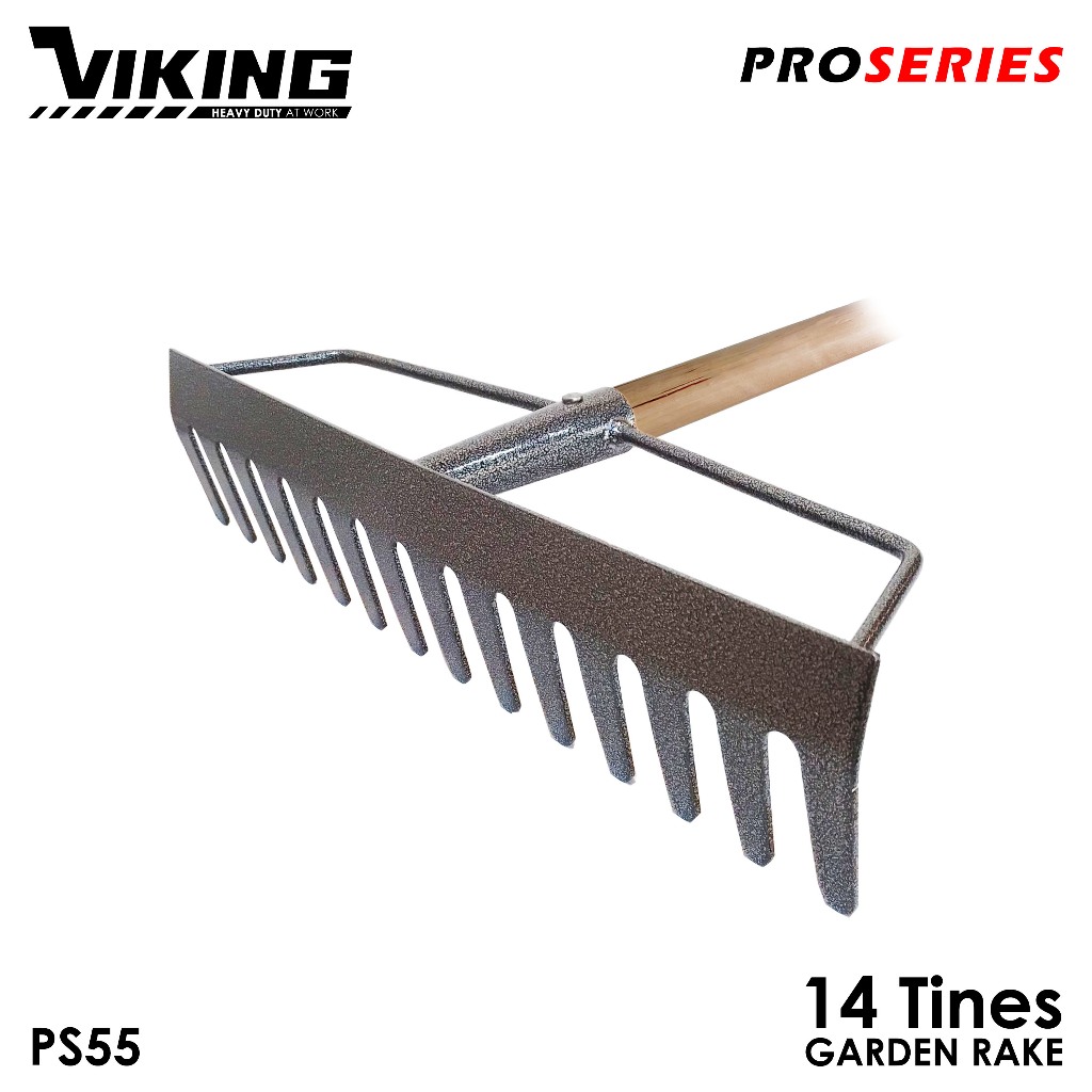 VIKING Garden Rake 14 Tines for Gardening Wooden Handle 48-Inch Heavy ...