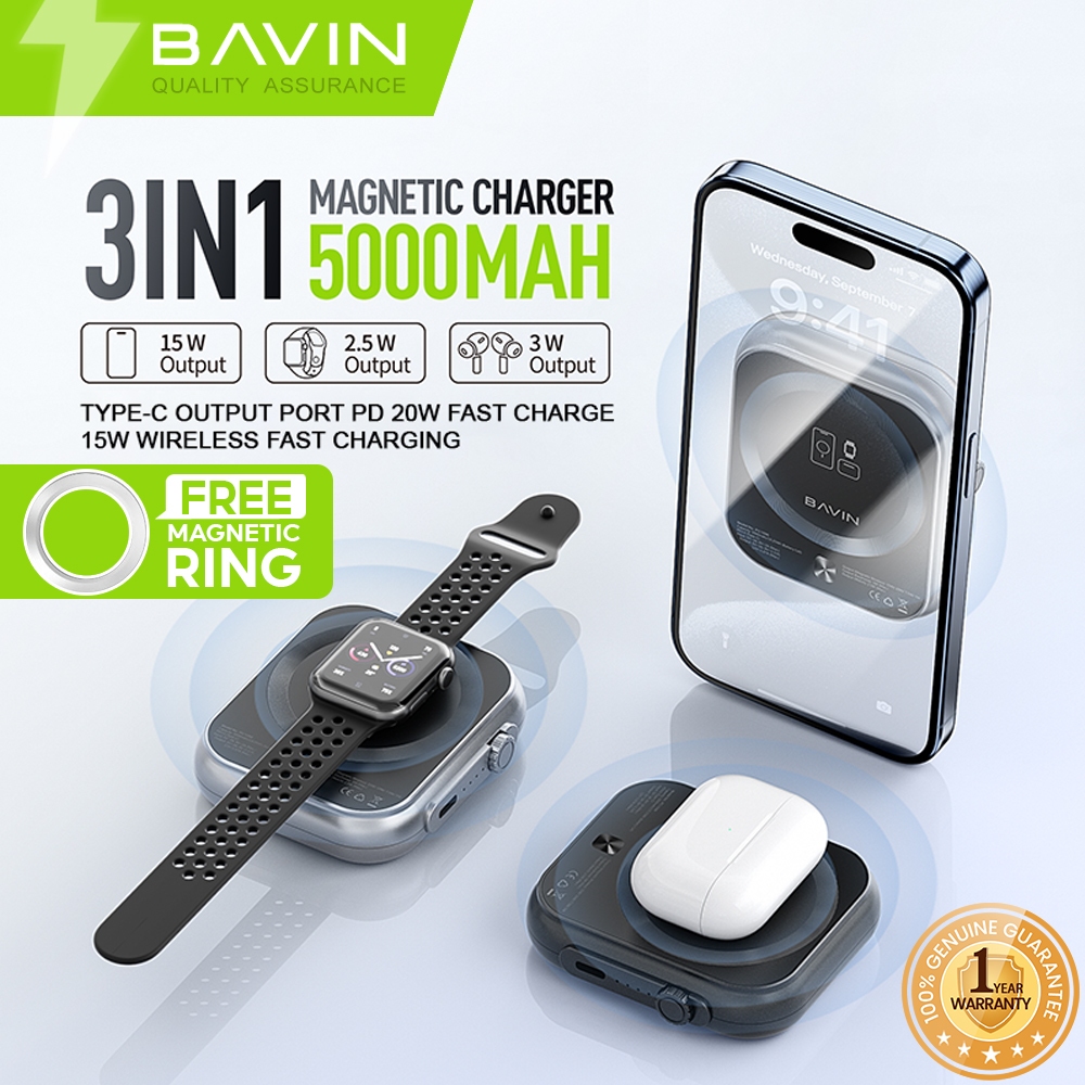 BAVIN PC1096 5000mAh 3 in 1 Magnetic Wireless for Powerbank/Smart Watch ...