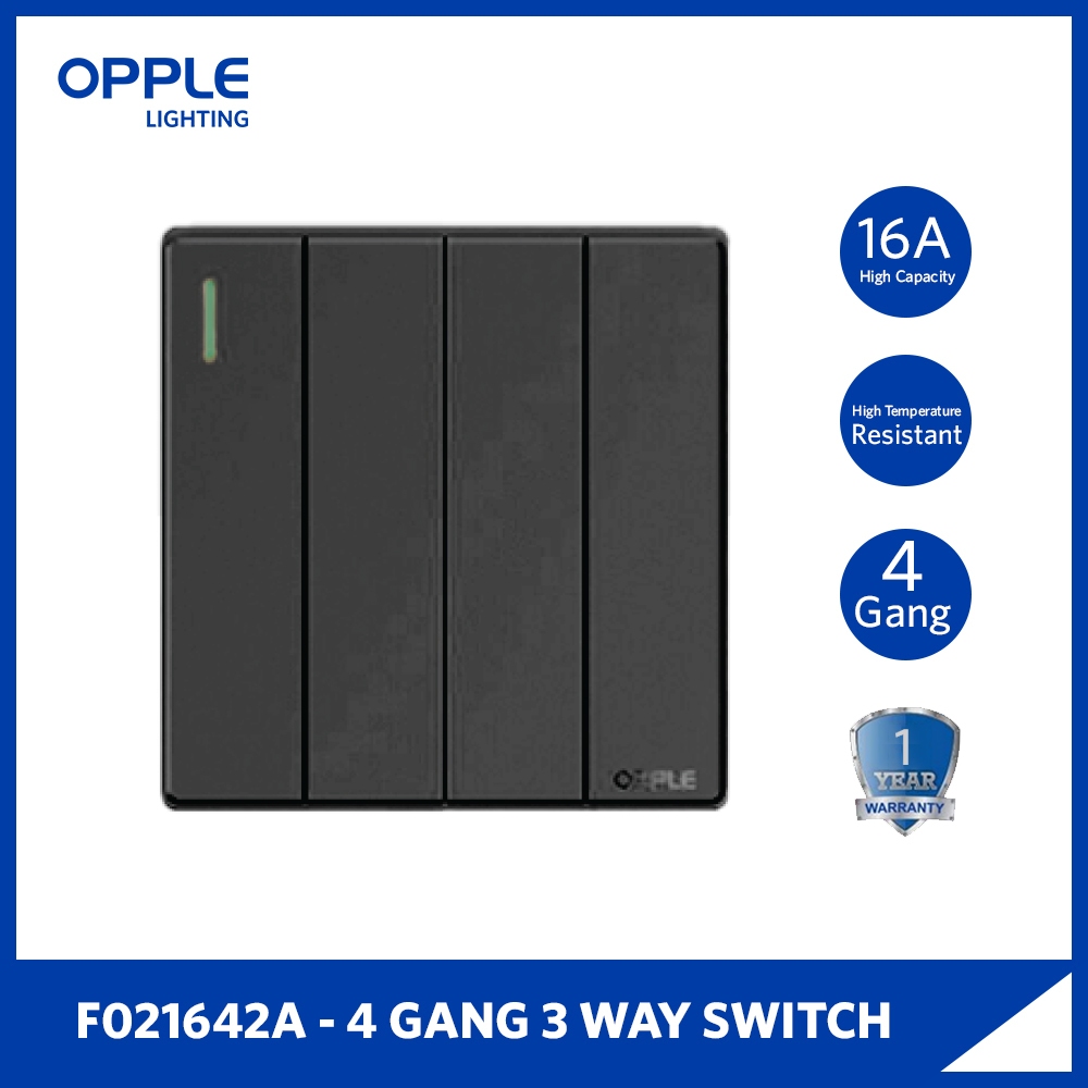 OPPLE Safety Wall Switch 4 Gang 3 Way Push On/Off Fireproof Dark Grey ...
