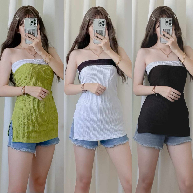 MIKHA KOREAN TUBE Combi Color (Bark Crepe) Top OK | Shopee Philippines