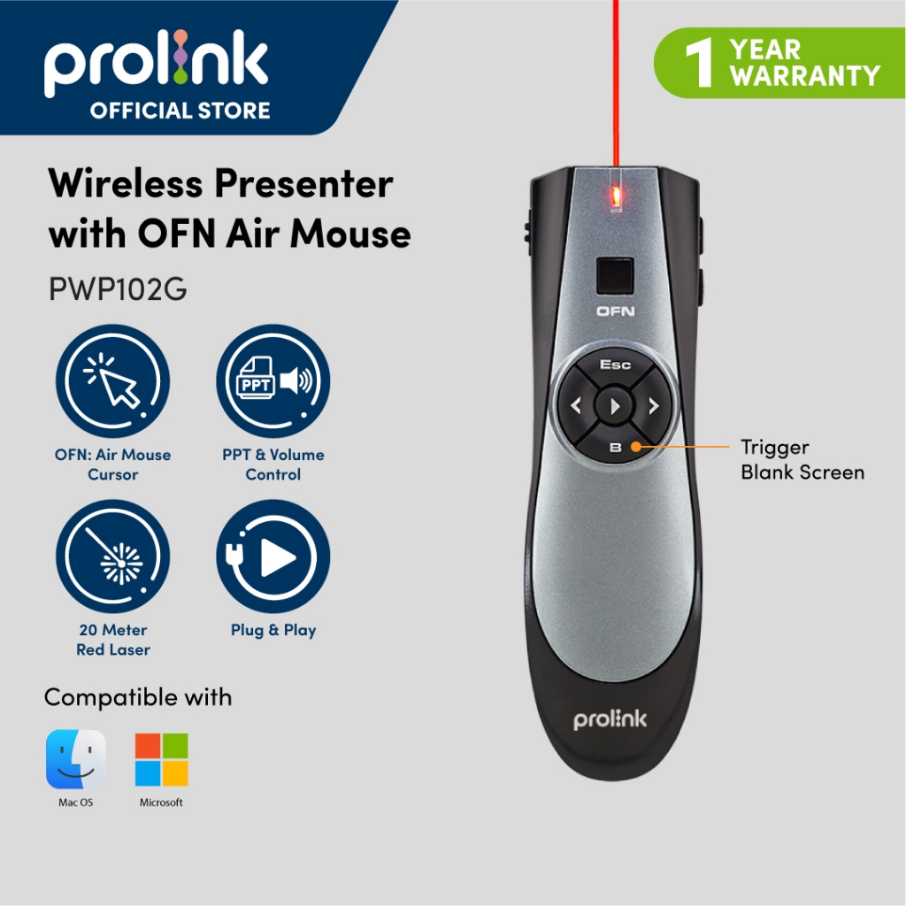 Prolink PWP102G Wireless Presenter with Air Mouse Red Laser for Laptop ...