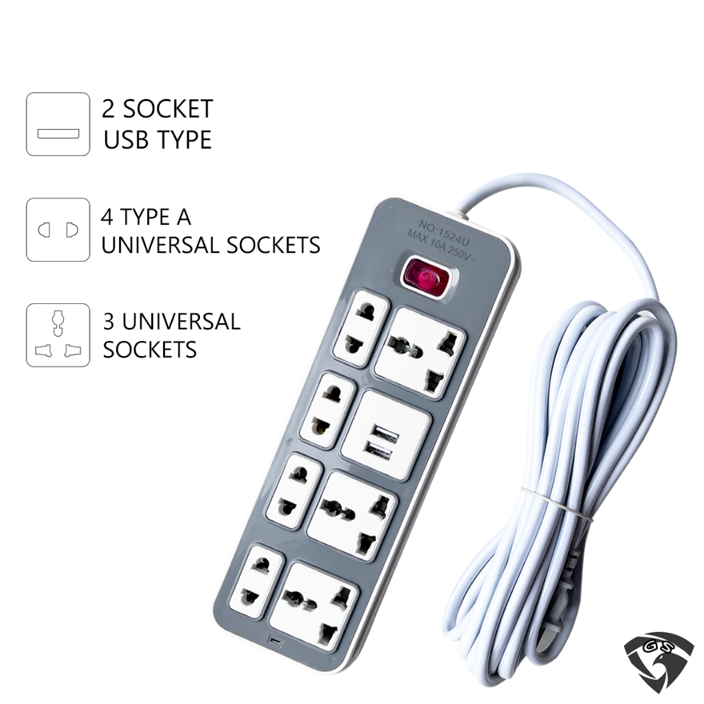 2 Meters Socket Power Extension With 7 Universal Socket and 2 USB ...