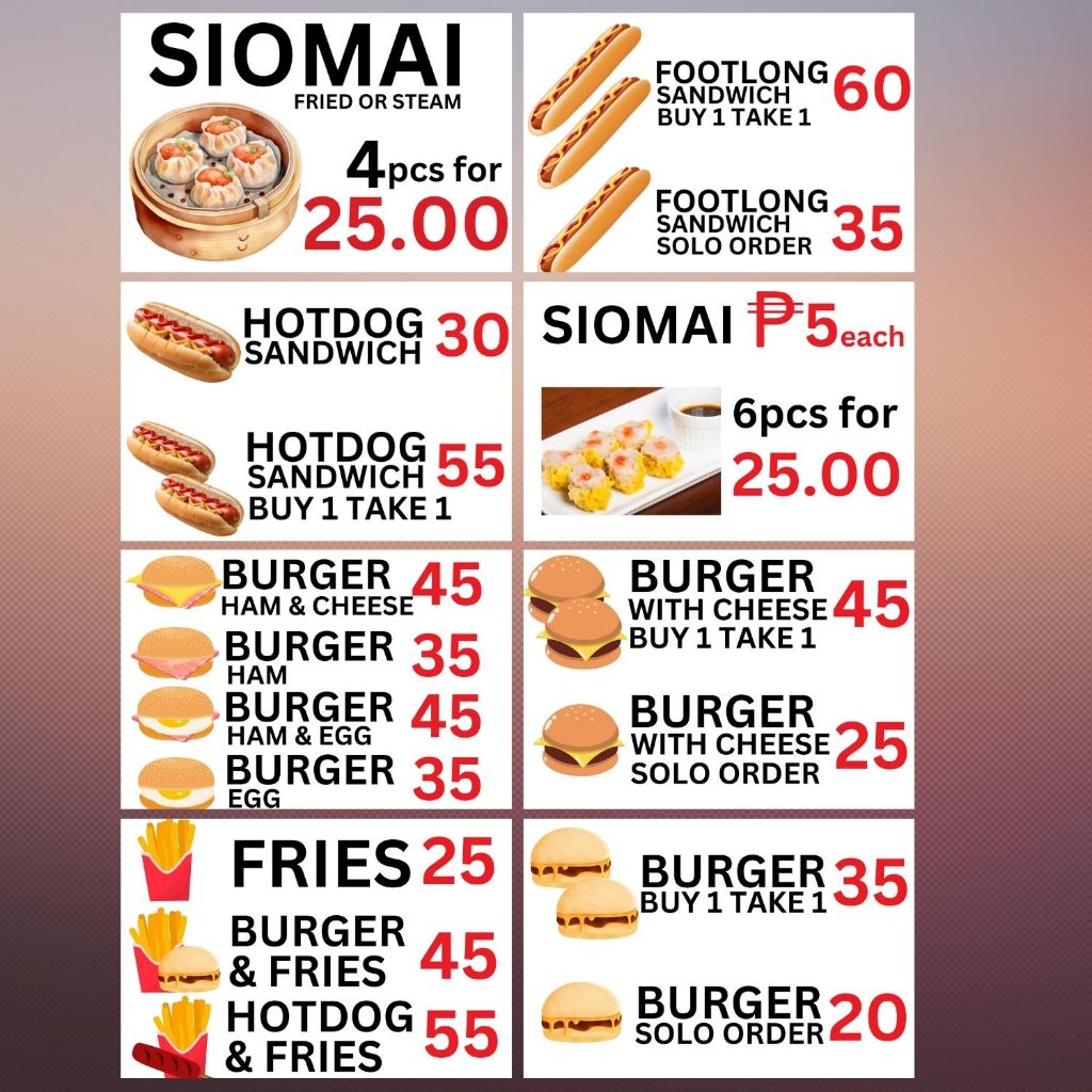 Burger Hotdog Ham and Cheese Siomai Footlong Laminated Signage and Waterproof Vinyl Sticker A4 ...