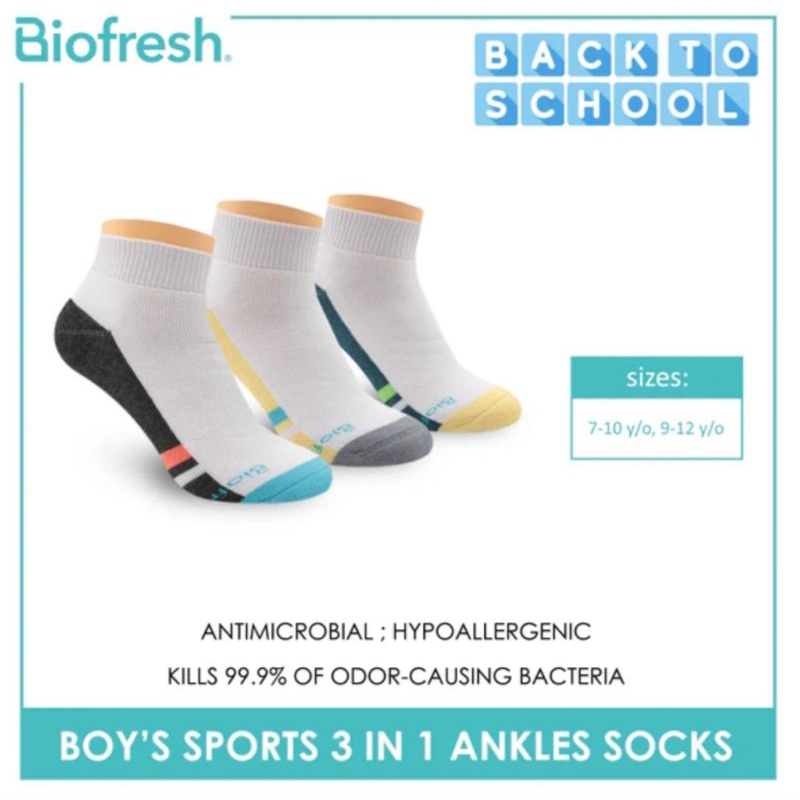 Biofresh Boys’ Antimicrobial Cotton Sports Ankle Socks 3 pairs in a ...