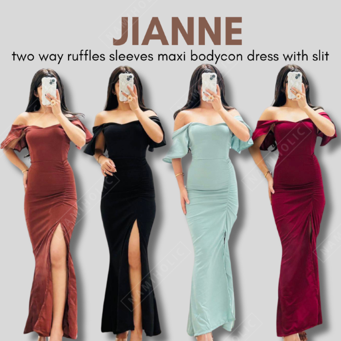 Namiholic Jianne Two Way Ruffles Sleeves Maxi Bodycon Dress with Slit I ...