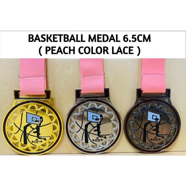 BASKETBALL MEDAL 6.5CM NEW DESIGN PEACH COLOR LACE ( GOLD \ SILVER ...