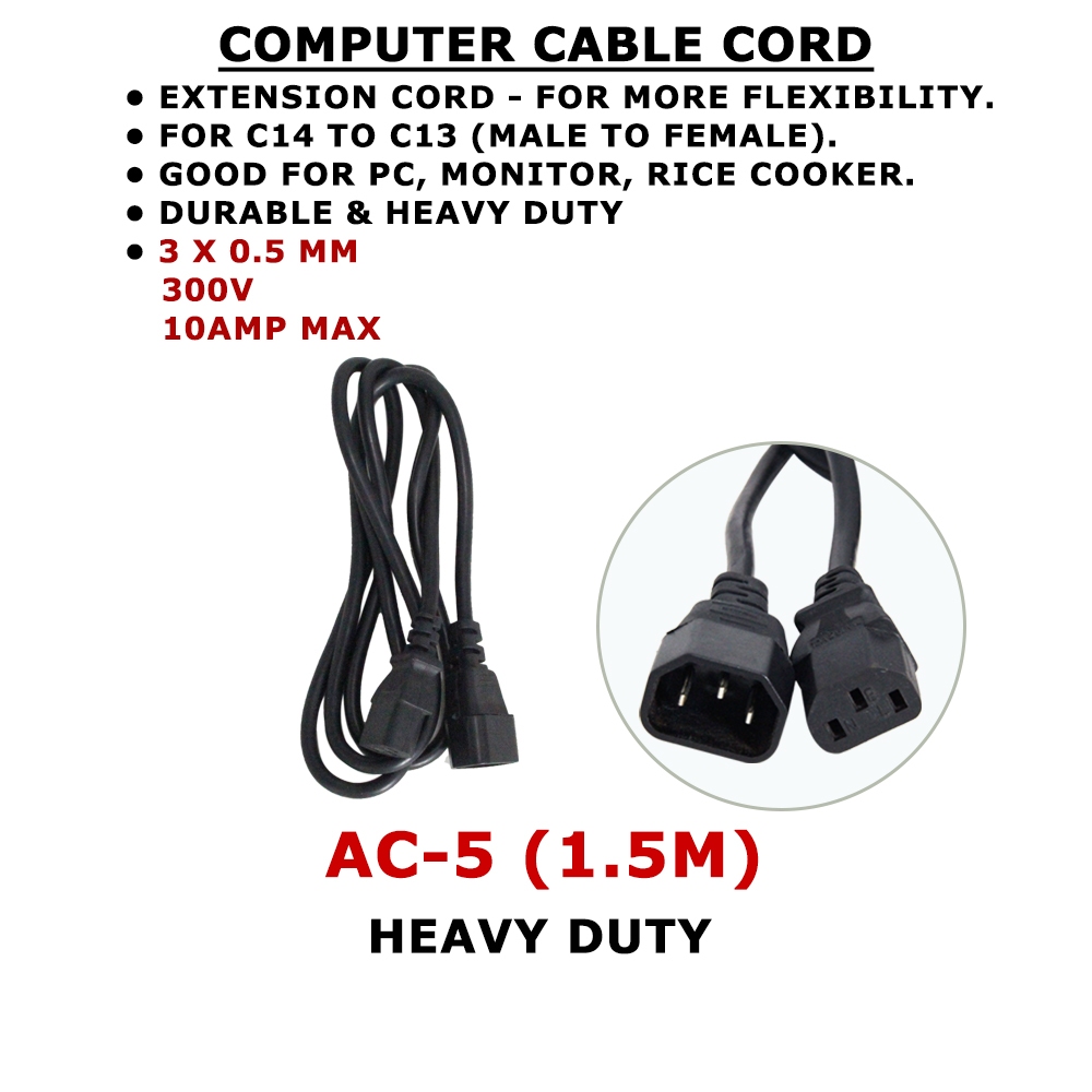 2 PIN Computer Power Cord Male to Female C14 to C13 Extension Cable heavy duty AC5 AC6 | Shopee ...