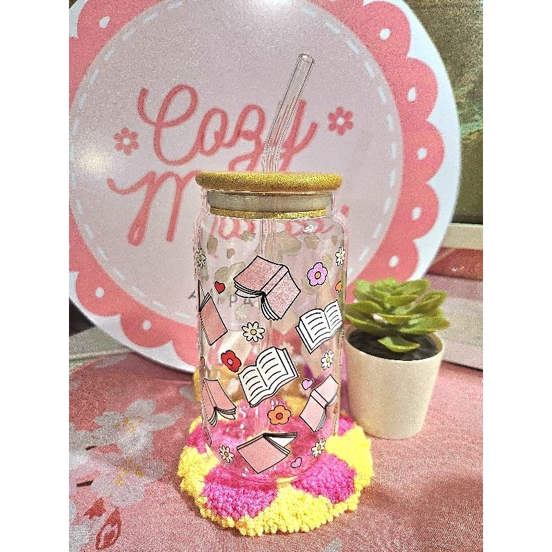 Cozy Cups Glass Tumbler 600ml with Straw and Bamboo Lid Coquette Girly ...
