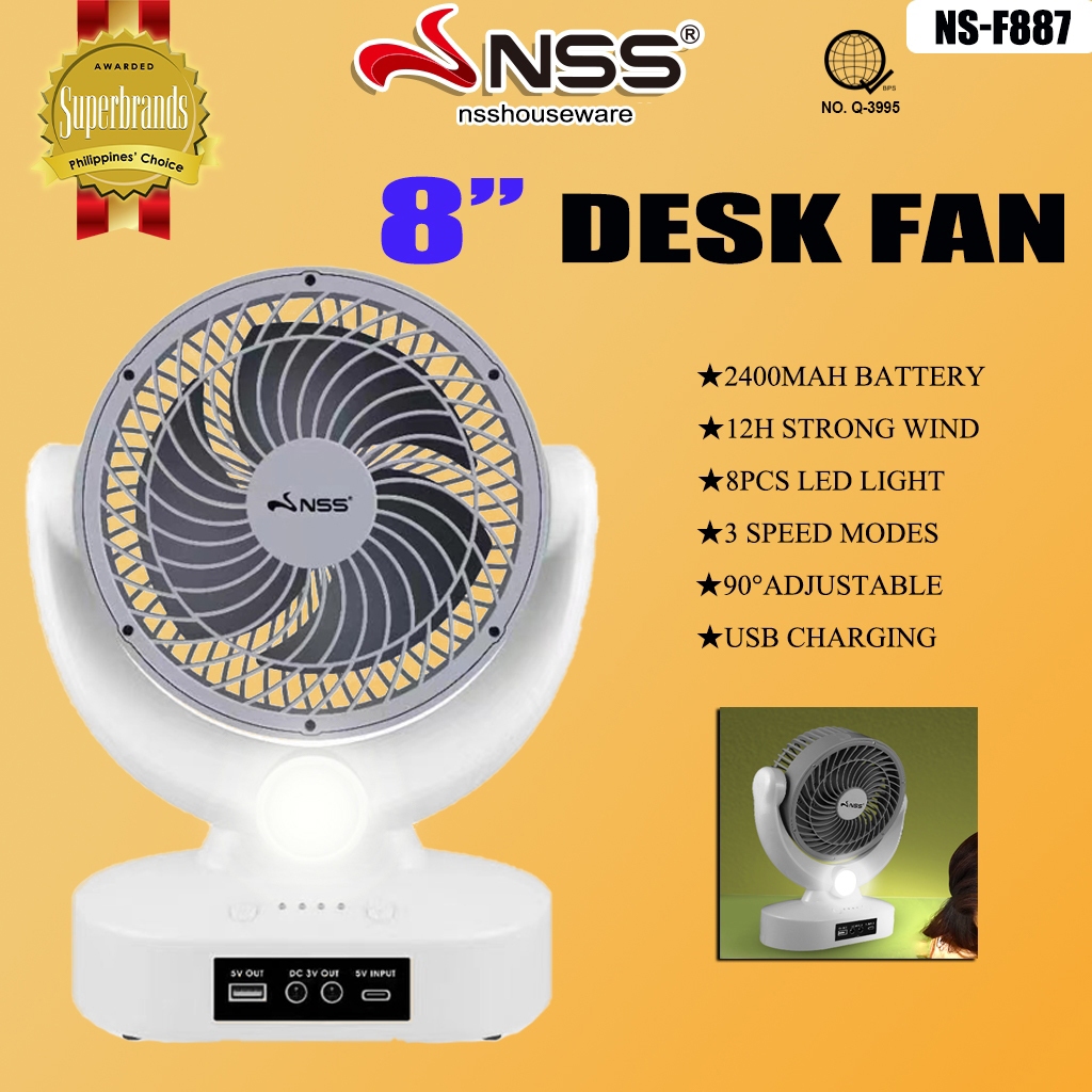 NSS 8inch Desk Fan USB Rechargeable Fan With LED Light Angle Adjustable ...