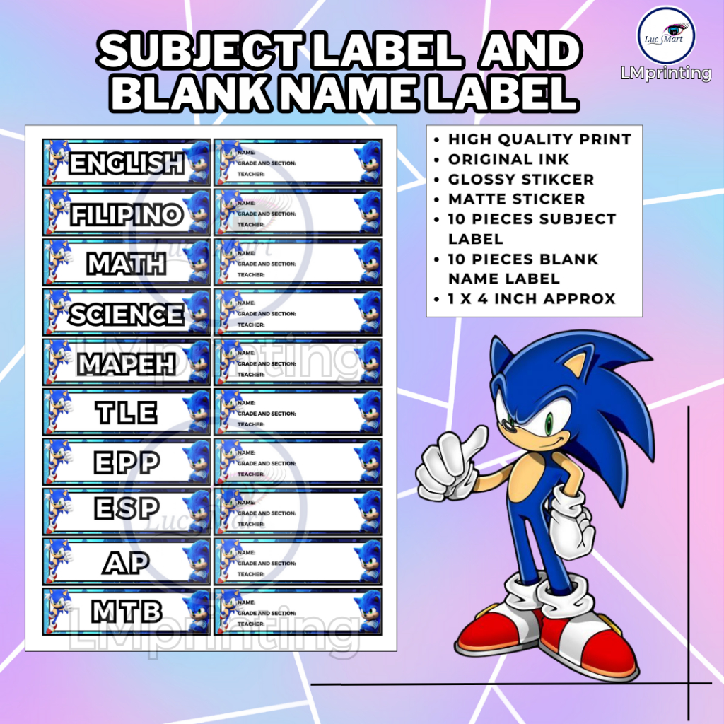 LUCSMART Prints NEW DESIGN SONIC Inspired Sticker and Name Label Set ...