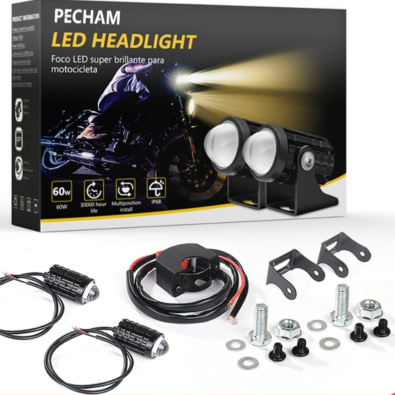2Pcs Motorcycle Spotlight Lens Dual Color Mini LED Headlight With ...