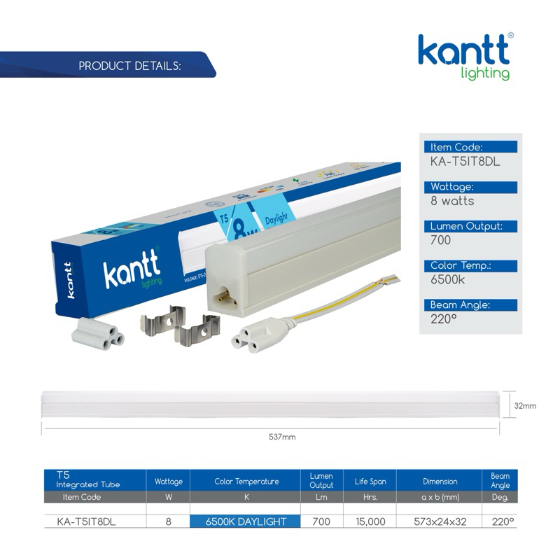 Kantt Lighting T5 Integrated LED Tube - 8W (Daylight / Cool Daylight ...