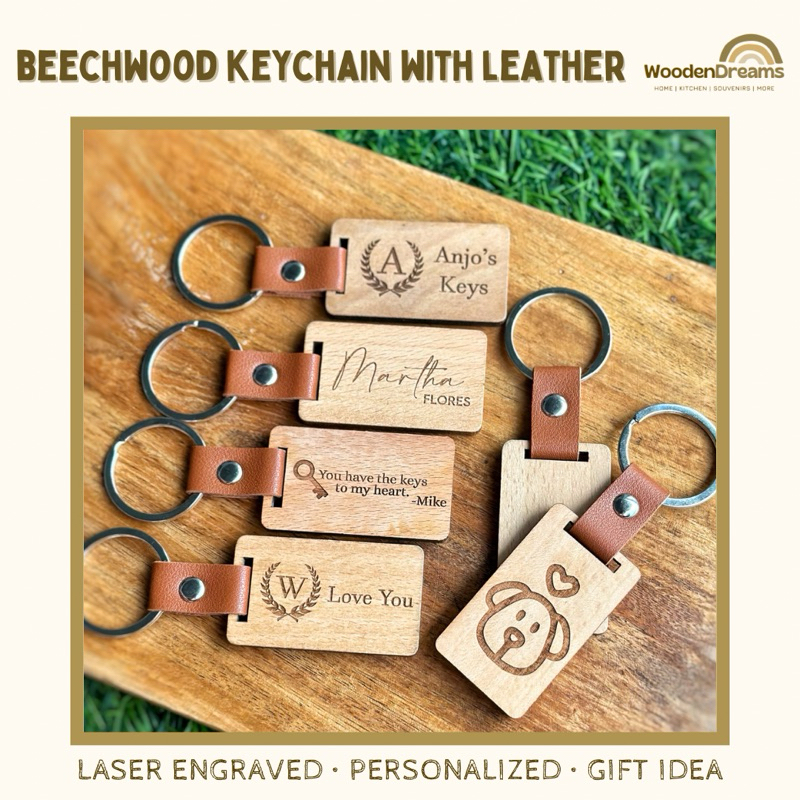 Personalized BEECHWOOD Keychain with Leather NEW (Laser Engraving ...