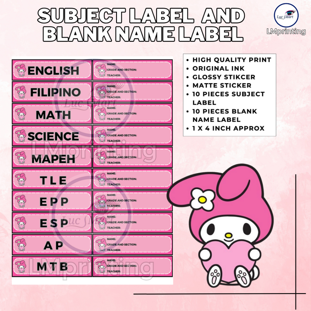 LUCSMART printsNcrafts MY MELODY subject and Name Label Set with 10 ...