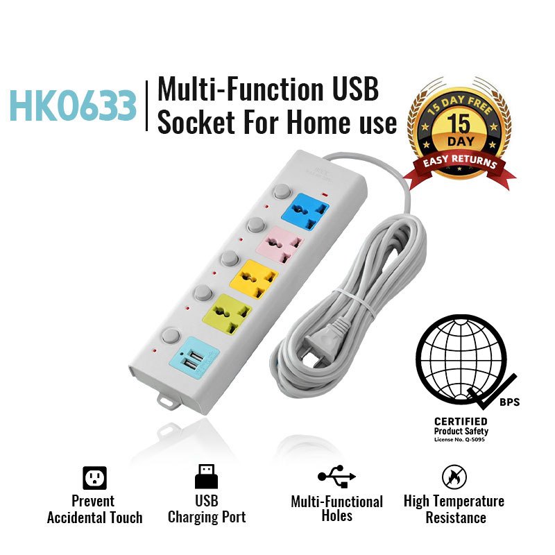 Zeus Multi-Function Socket Extension Outlet with 4 Power Socket AND 2 USB Ports 1.8 Meters Long ...