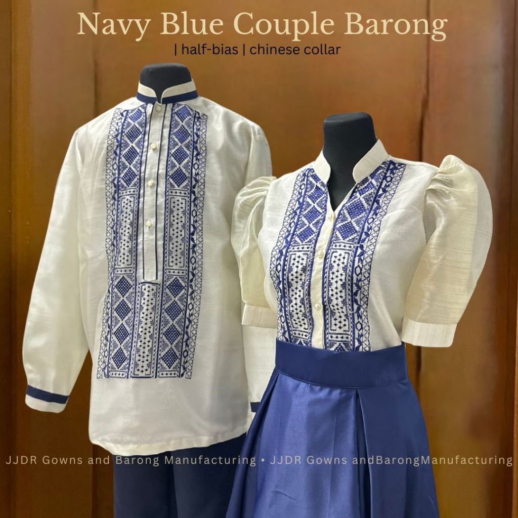 JJDR's NAVY BLUE EMBROIDERY COUPLE BARONG (PUFF SLEEVES LADIES & HALF ...