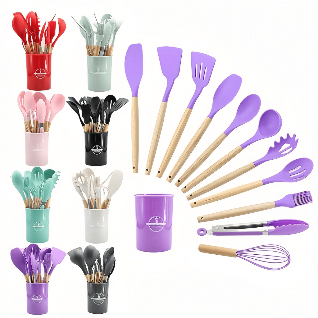 12pcs/set Silicone Kitchen Utensils Set With Wooden Handle, Heat ...