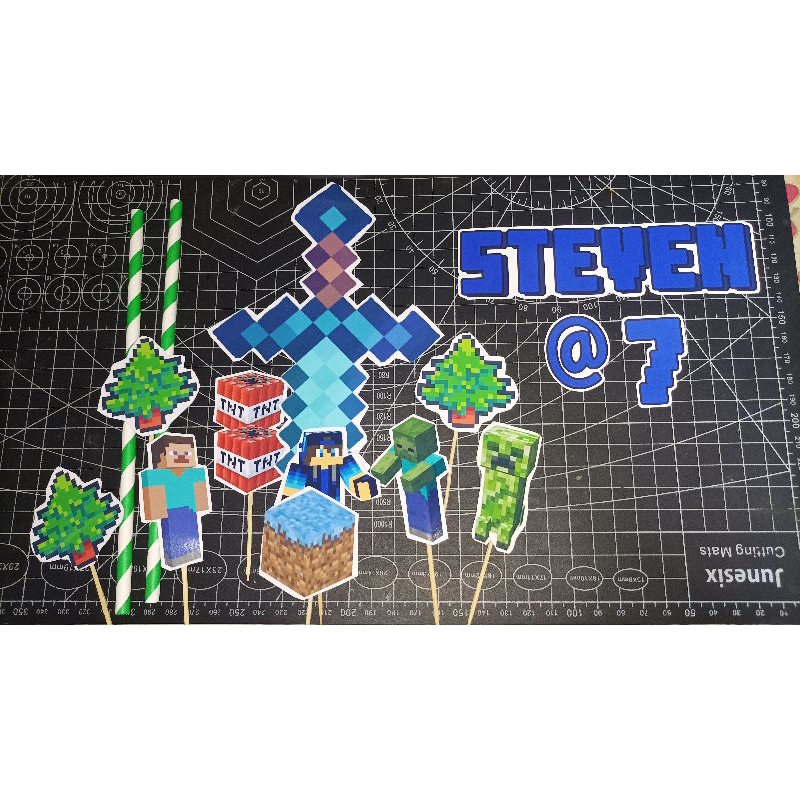 customized photo printed cake toppers Minecraft blue and tree themed ...