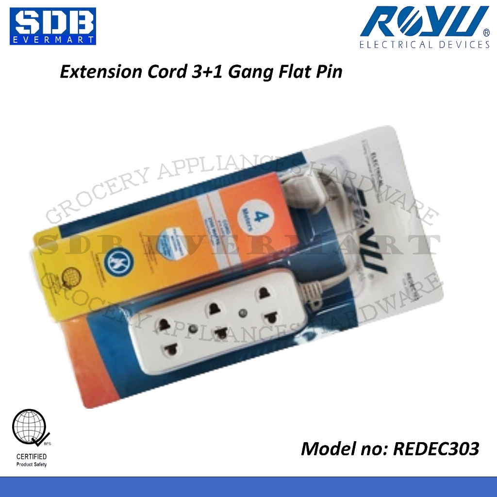 Royu 3+1Gang Flat Pin Extension Cord 10A 250V REDEC303-1pc | Shopee ...