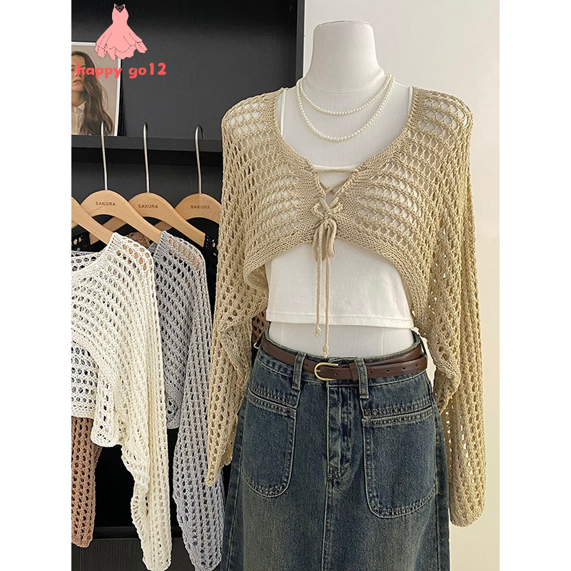 Hollow lace up short pullover knit sweater for women's Korean version ...