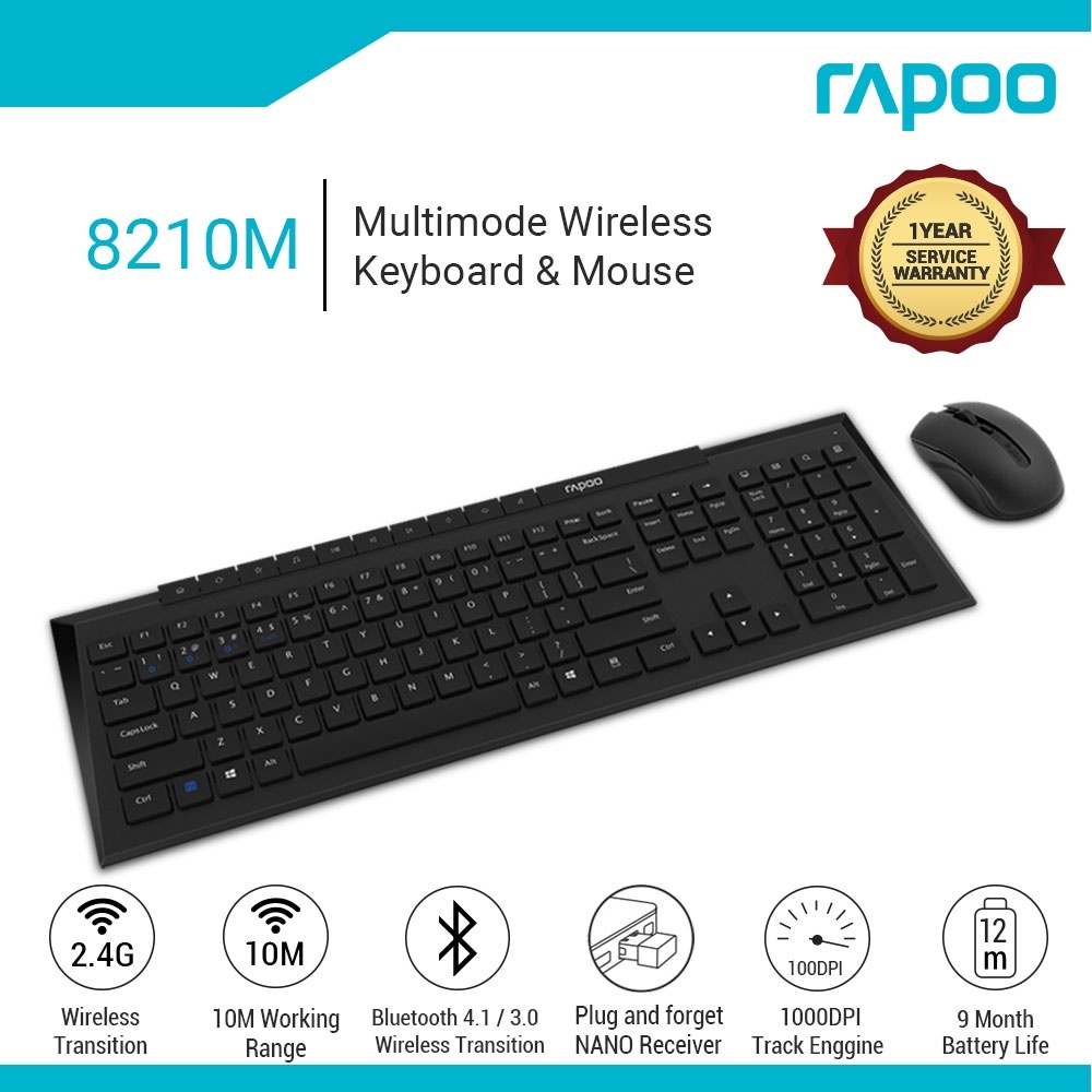 RAPOO 8210M Bluetooth Wireless Keyboard and Mouse Set for laptop 2.4G Multi-mode Desktop ...