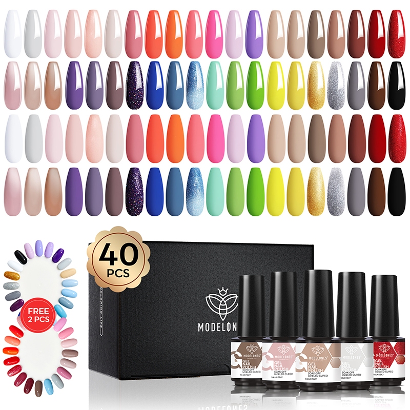 modelones 43 PCS Gel Nail Polish Set, 40 Colors Gel Polish All Seasons Collection with Base ...