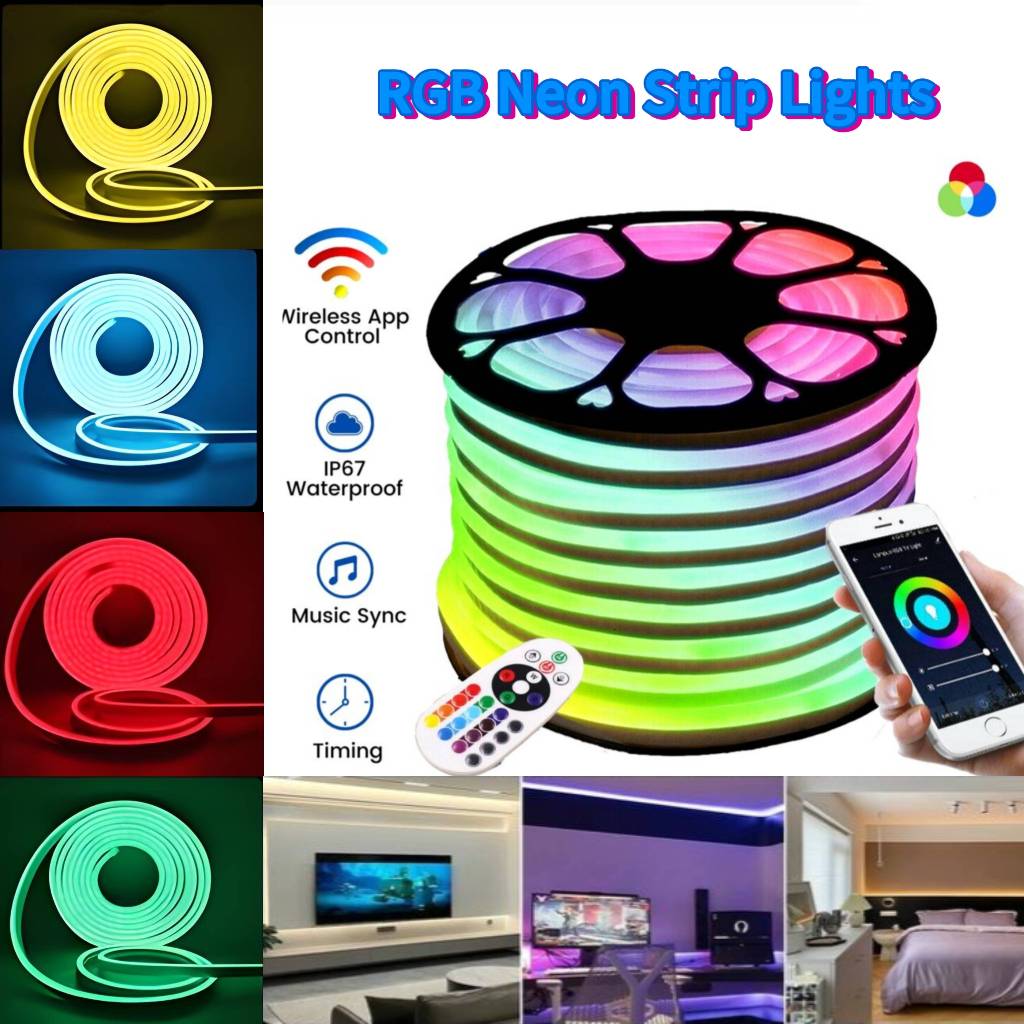 RGB LED Neon Strip Light 220V Remote/Bluetooth APP Waterproof IP67 ...
