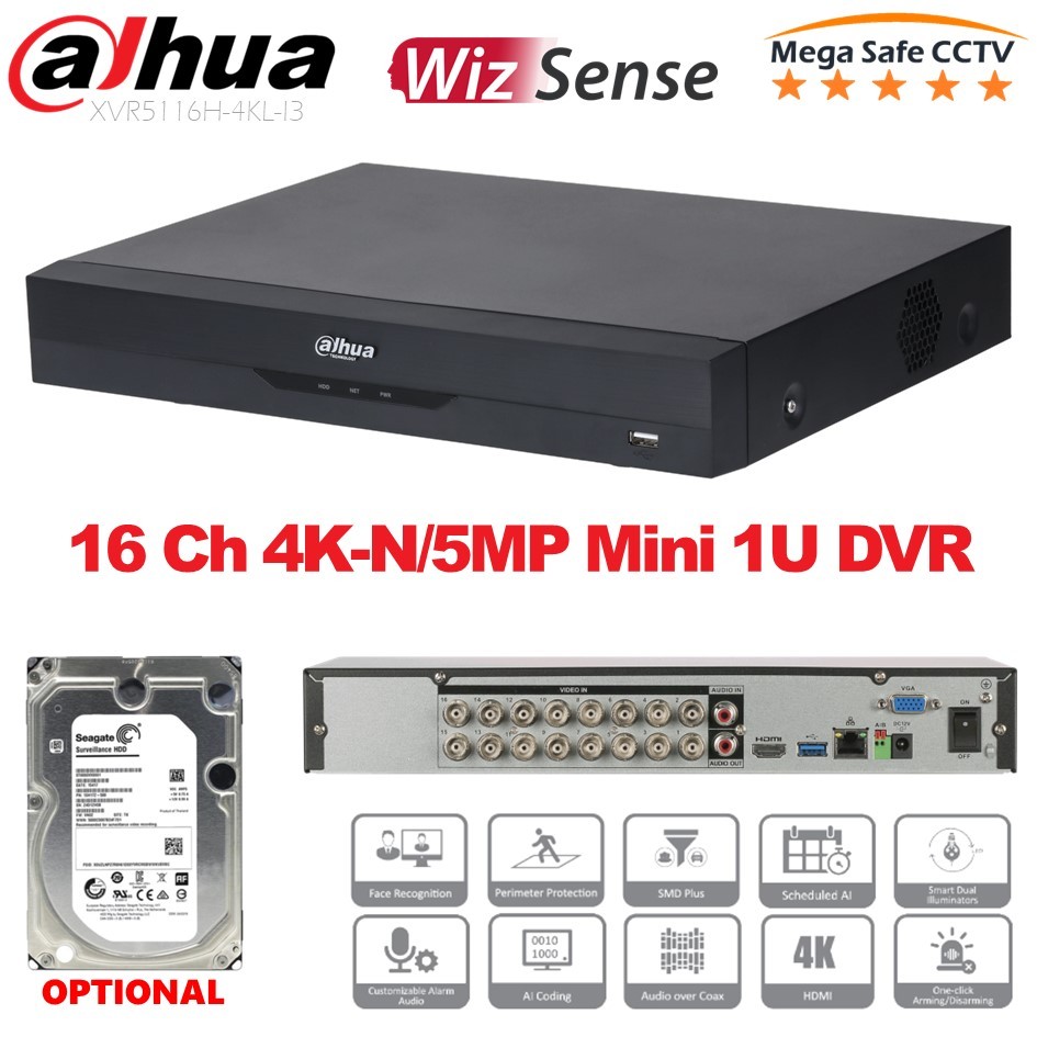 Dahua DH-XVR5116H-4KL-I3 16CH 5MP/4K-N WizSense DVR/XVR, Smart Dual Illuminators (optional HDD ...