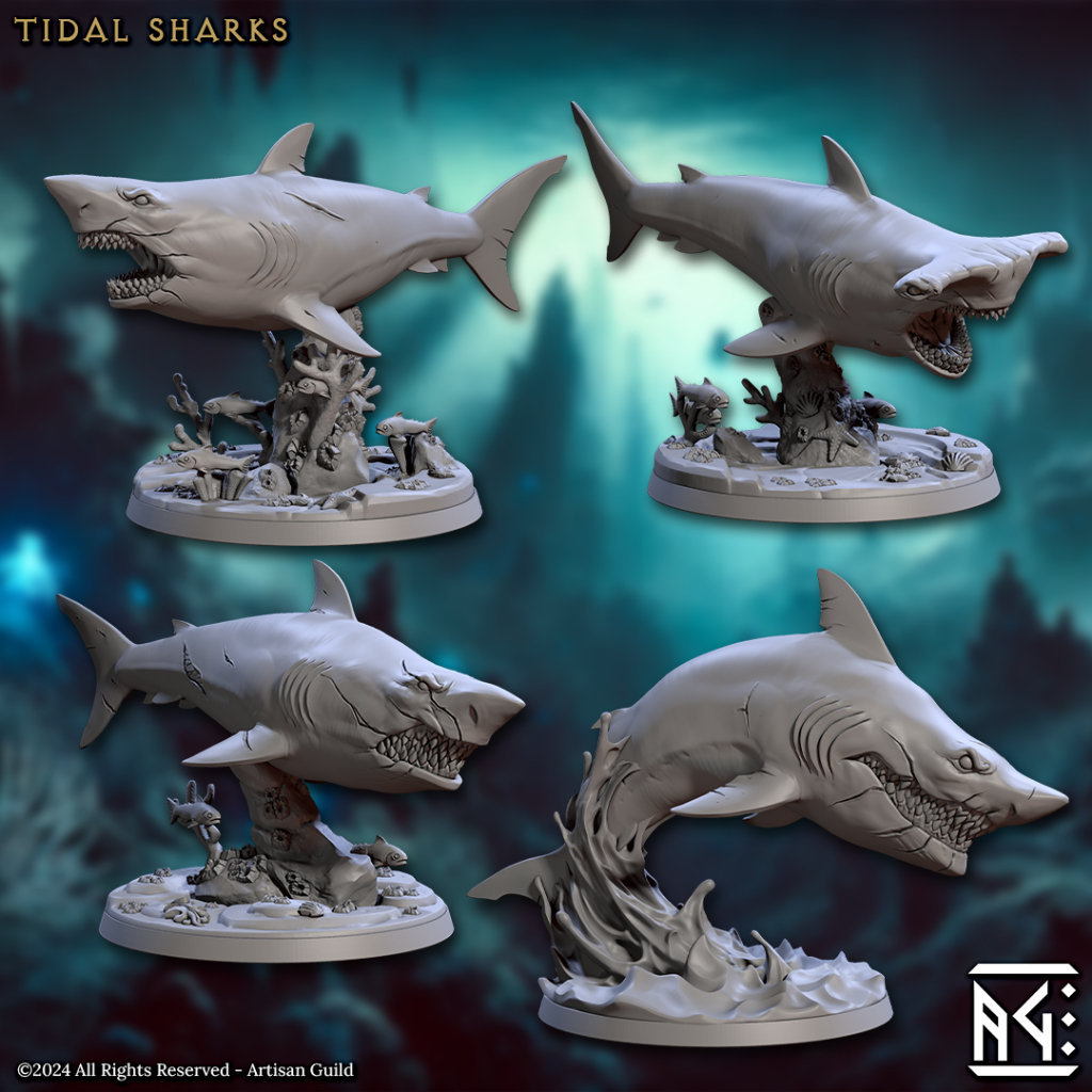 Tidal Sharks set of 4 by Artisan Guild Tabletop Miniatures DND TTRPG ...