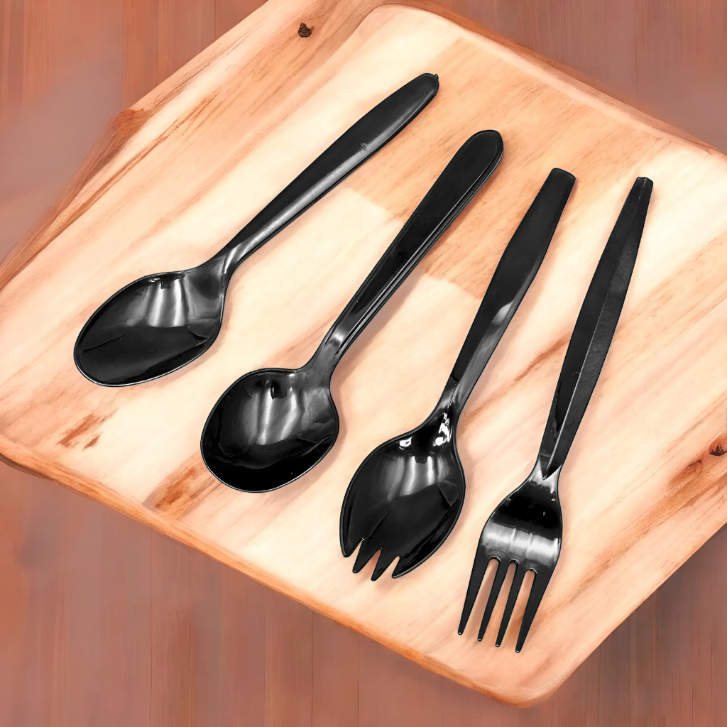 [100pcs] Disposable Black Spoon, Spork and Fork Set Plastic Utensils ...