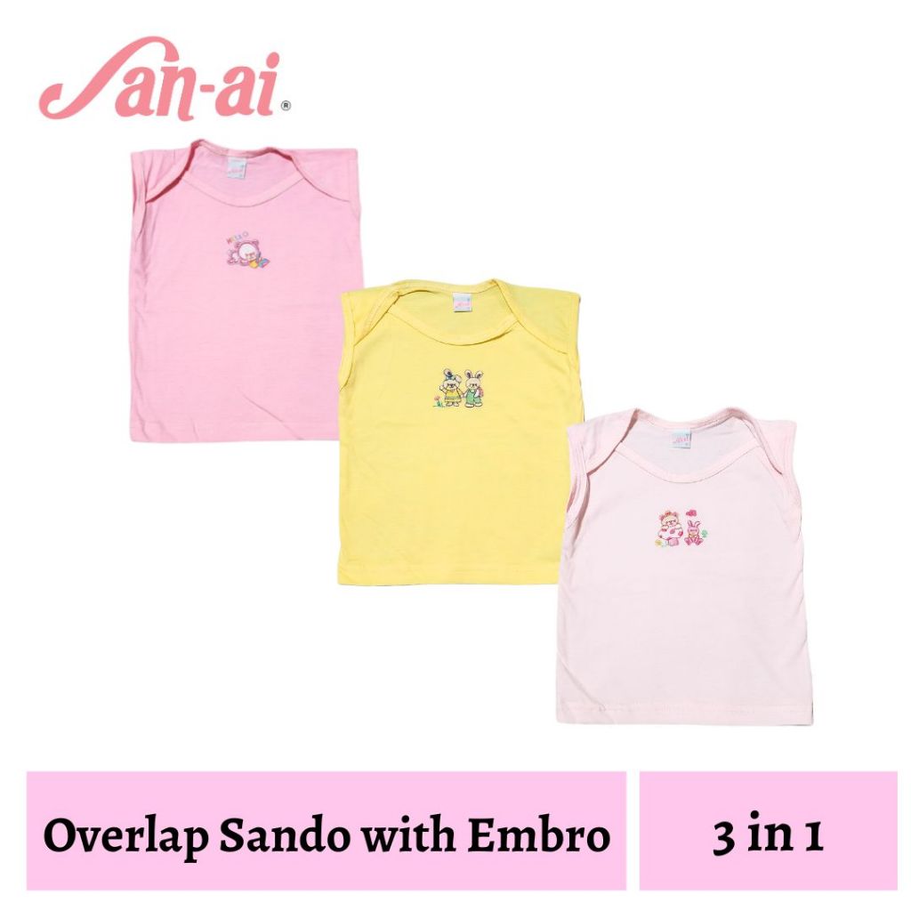 San-ai Infant Baby Girl Colored Cotton Overlap Sando with Embroidery ...