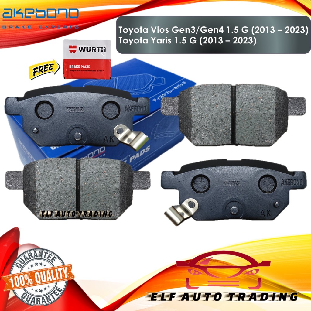 Genuine Akebono Rear Brake Pads for Toyota Vios Gen3/Gen4 1.5 G and ...